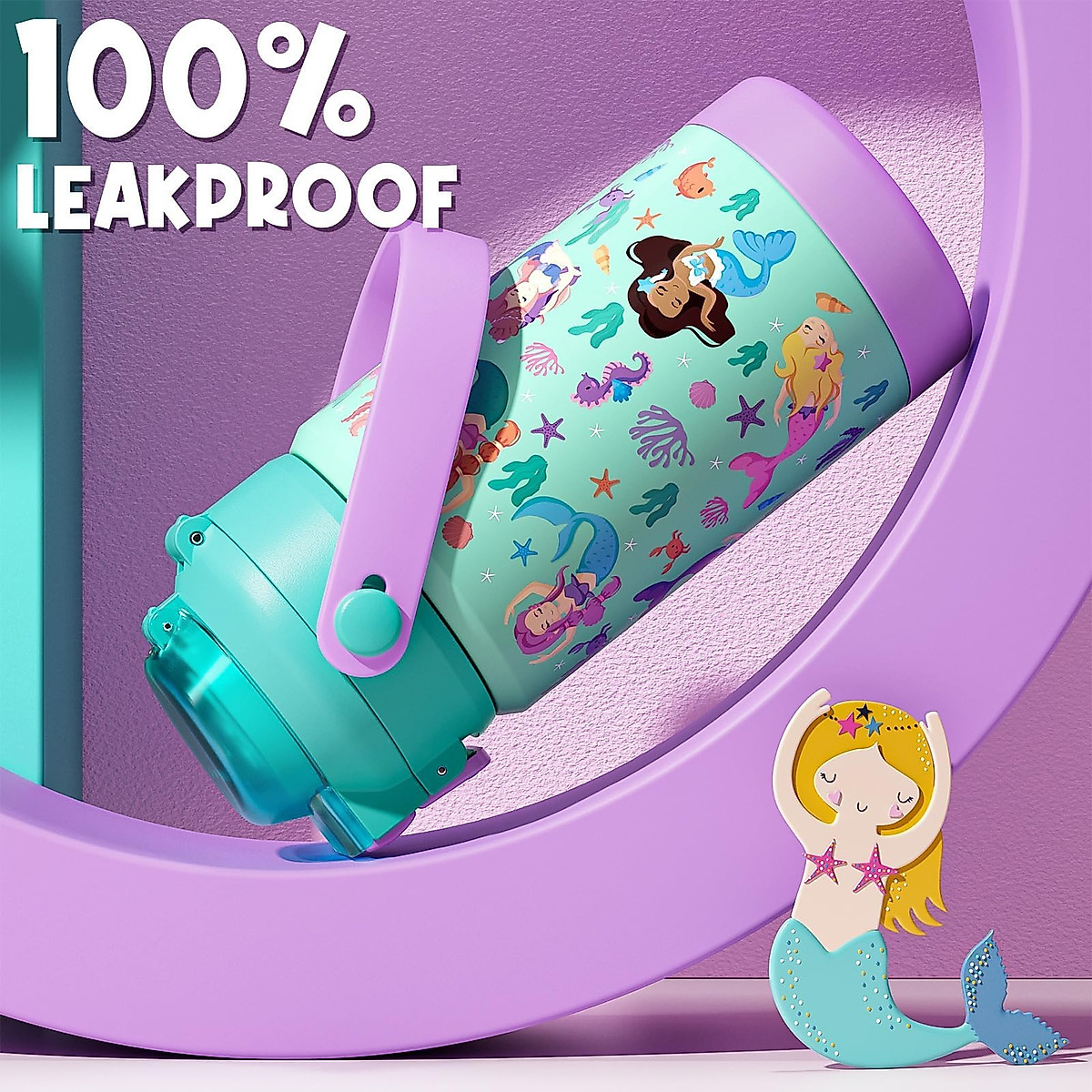 Fimibuke Kids Insulated Water Bottle with Pop-Open Straw & Spout 2-in-1 Lid, 14oz Leak Proof 18/8 Stainless Steel Vacuum Tumbler, BPA-Free Kids Cup For Travel School Boys Girls Toddler 2Pack,Sea World