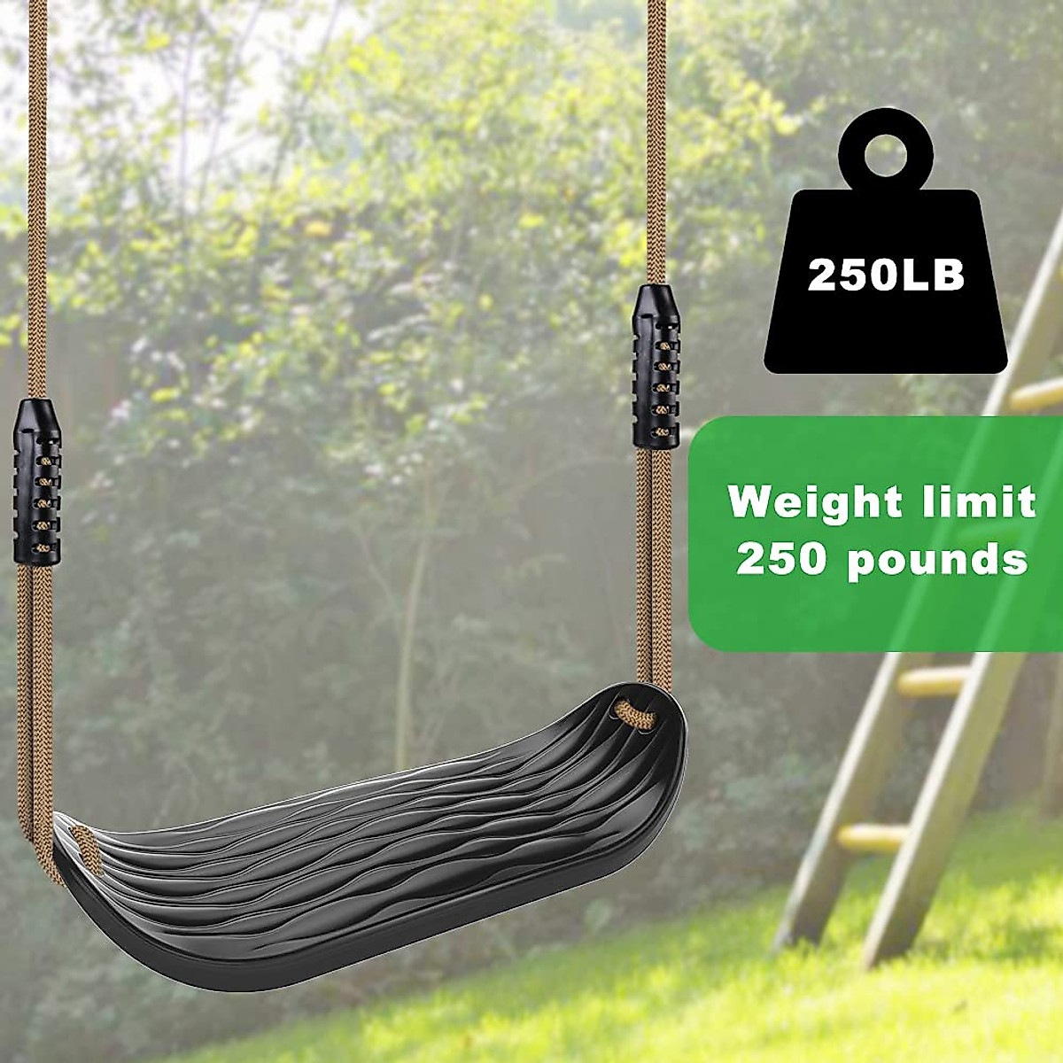 SELEWARE Plastic Swing Seat, Non Slip Tree Swing Set with Adjustable Rope and 2 Carabiners, Heavy Duty Playground Swing Set Accessories for Kid Indoor Outdoor Backyard, Black