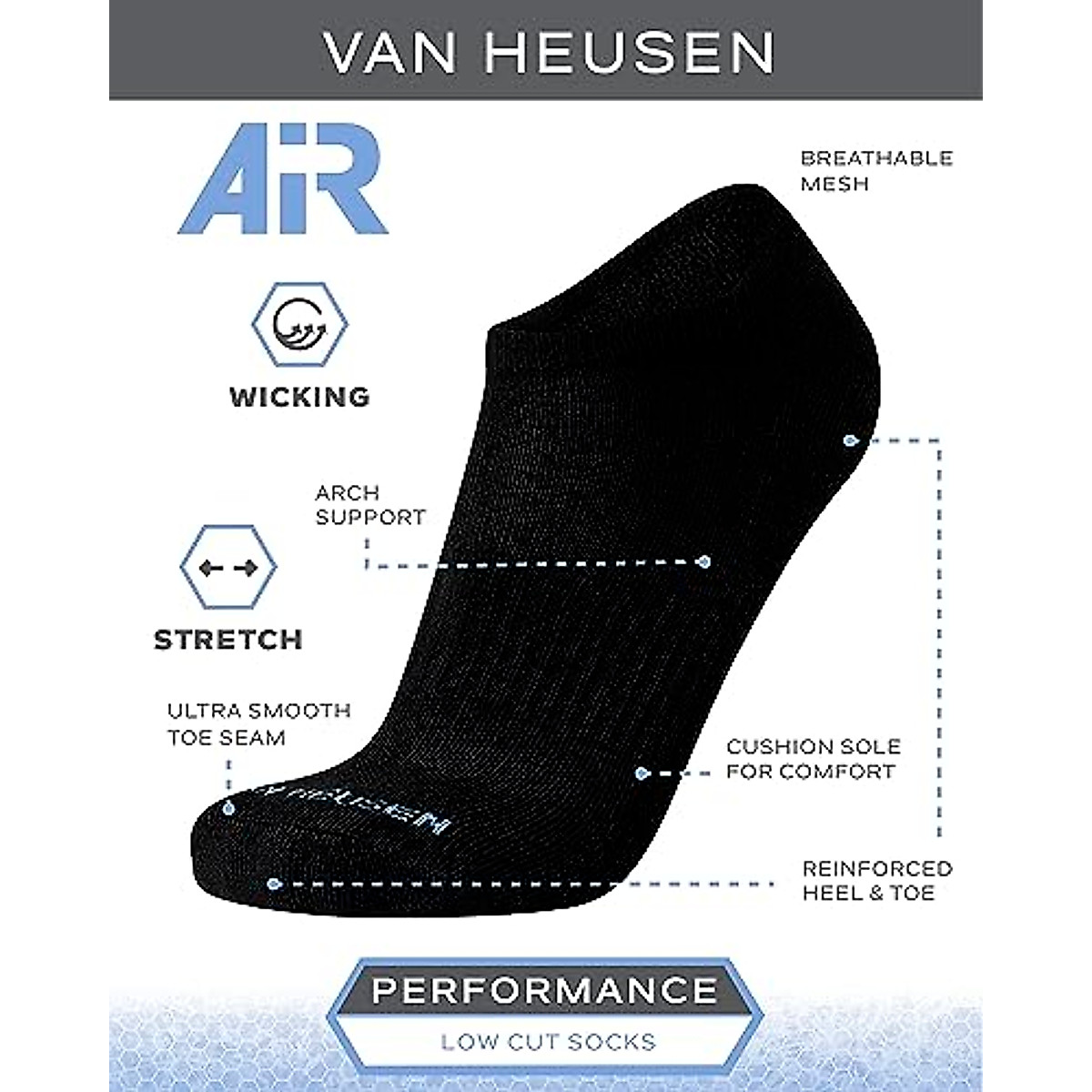 Van Heusen Men's Socks - Athletic Cushion Low Cut Ankle Socks (6 Pack), Size 6-12.5, Black/Grey Heather