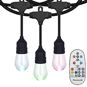 Honeywell 24FT Linkable Water Resistant LED Indoor Outdoor Color Changing String Light with Remote Control, Commercial Grade Patio Lights with 8 Plastic E26 Bulbs Create Cafe Ambience in Your Backyard