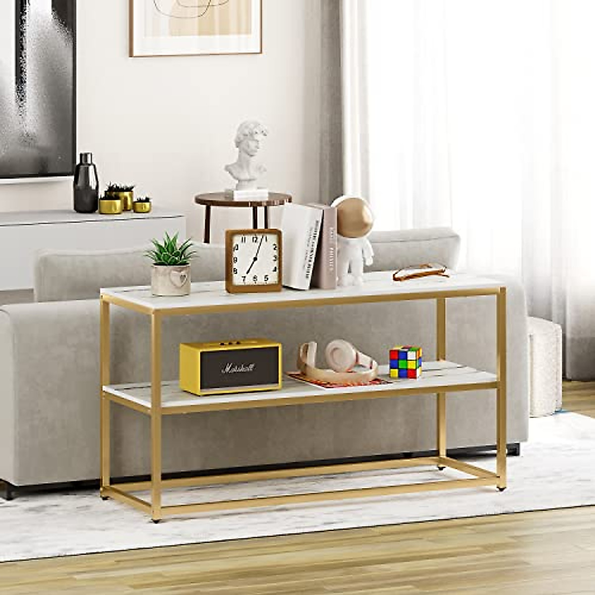 Function Home TV Stand for TVs up to 50 Inch, 3 Tier Entertainment Center, Modern TV Cabinet with Marble Top and Gold Metal Base, 42" Media Console Table with Storage for Living Room Bedroom