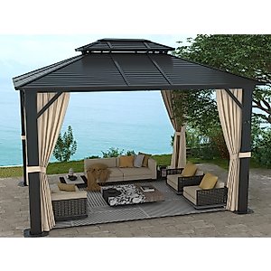 Aoxun 10'x12' Hardtop Gazebo, Outdoor Galvanized Double Roof Gazebo with Aluminum Frame Permanent Pavilion and Curtains & Netting for Backyard, Patio, Deck, Parties (Brown)