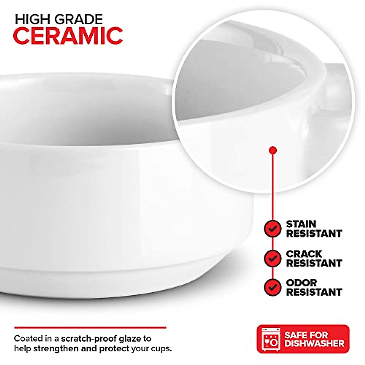 Modern Innovations 20 oz French Onion Soup Bowls with Handles in White (Set of 4) Oven and Microwave Safe Bowl, Stoneware Stackable, Large Ceramic Crocks, 2 Handle Crock