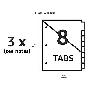 Amazon Basics 8-Tab Plastic Binder Dividers, Rewritable Tabs, with one pocket 3 sets