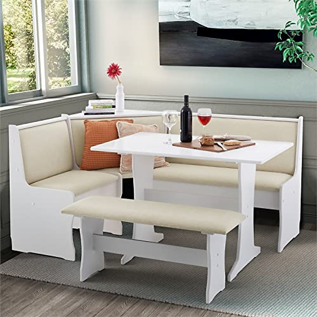 Riverbay Furniture Wood Storage Nook Kitchen Dining Breakfast Set in White and Beige