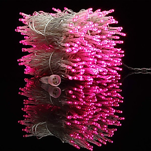 YULETIME 100 Feet 300 Count Pink LED String Lights with 8 Models Adapter, Clear Wire Wide Angle 5mm Christmas Lights (Pink - Multimode)