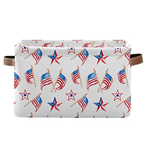 American Flag Independence Day Star Storage Basket,Large Storage Bin Fabric Collapsible Organizer Bag with Handles 15x11x9.5 inch