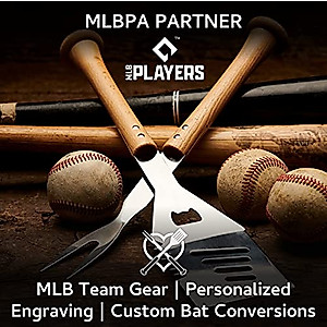 Baseball BBQ | 'Triple Play' Multi-Tool Spatula, Tongs & Fork Combo Set | BBQ Grilling Accessories & Utensils for Baseball Fans | Unique Wooden Bat Handle & Quality Stainless Steel Grill Masters