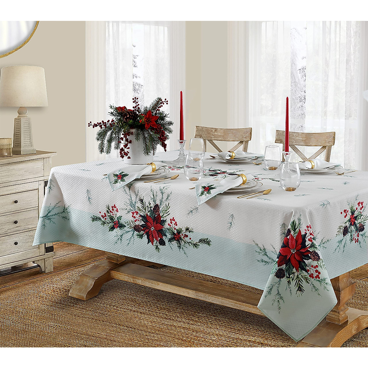 Lintex Holly Bough Stonewashed Border Traditional Christmas Tablecloth, Poinsettia and Holly Sprig Sage, Bordered Xmas Holiday Easy Care Fabric Tablecloth, 60 Inch x 102 Inch Oblong/Rectangle