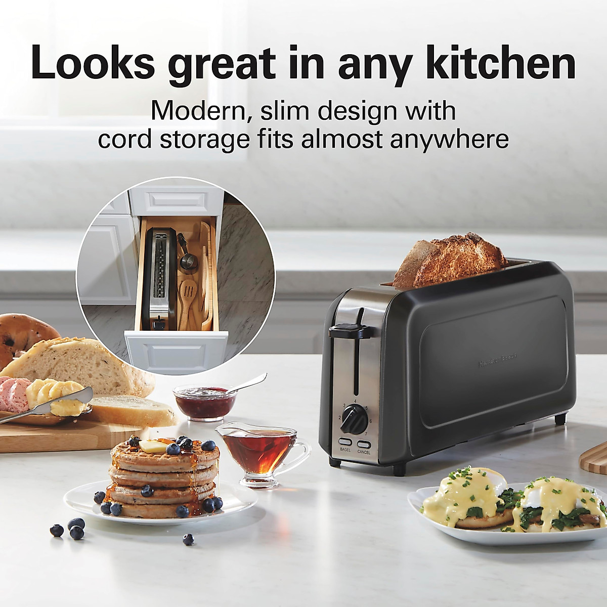 Hamilton Beach Extra Long Slot 2 Slice Toaster with Browning Control, Bagel Function, Cancel Button & Auto Shutoff, Modern Slim Design Fits Any Space, Black (22989)