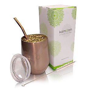 Kalmateh Yerba Mate Gourd Extra Large (12 oz) Mate Cup with BPA Free Travel Lid, Filter Straw & Cleaner- 18/8 Vacuum Insulated Stainless Steel (Rose Gold)