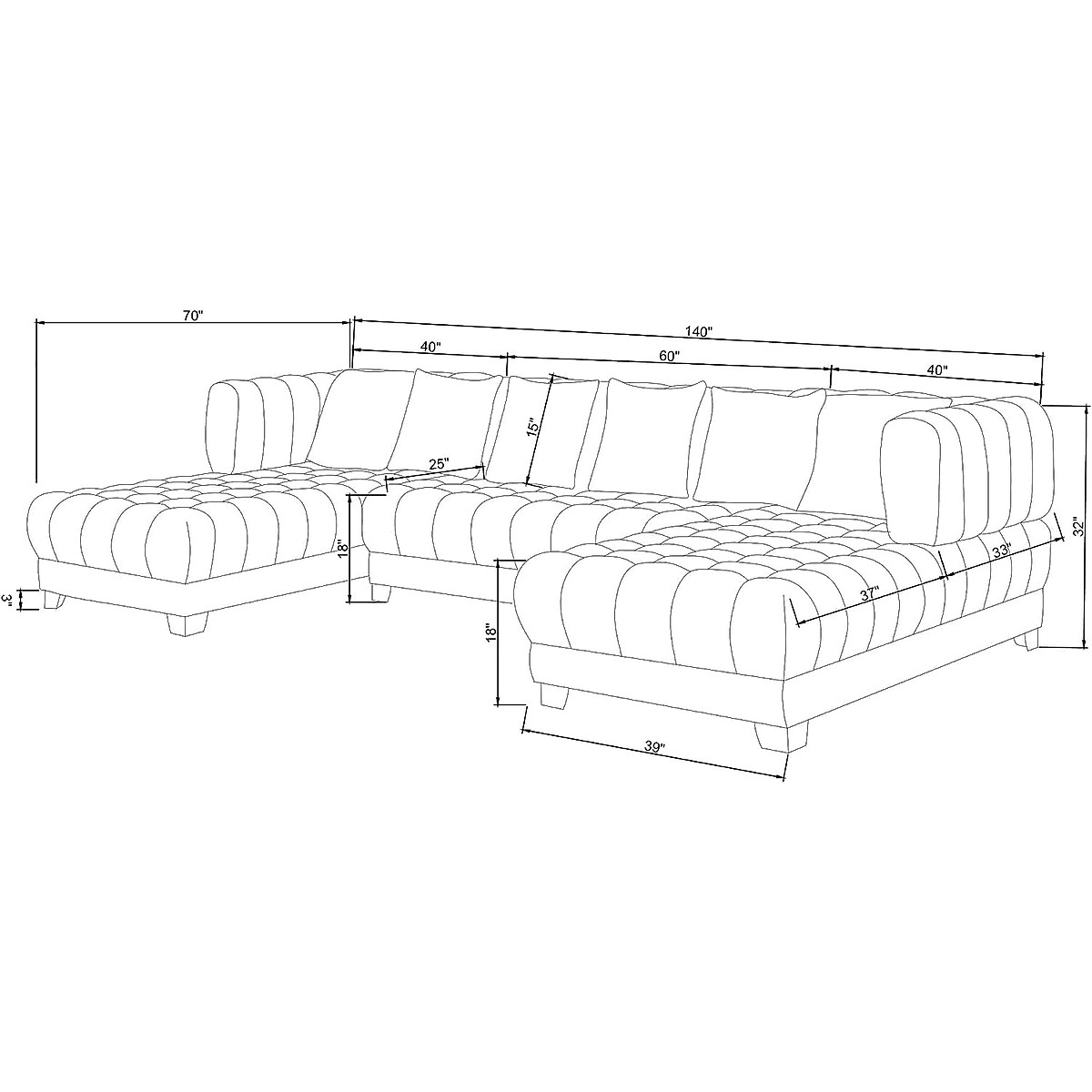 Woodpecker's Inc Marigold Velvet U-Shaped Double Chaise Sectional Sofa - with 6 Pillows & Gold Legs (Black)