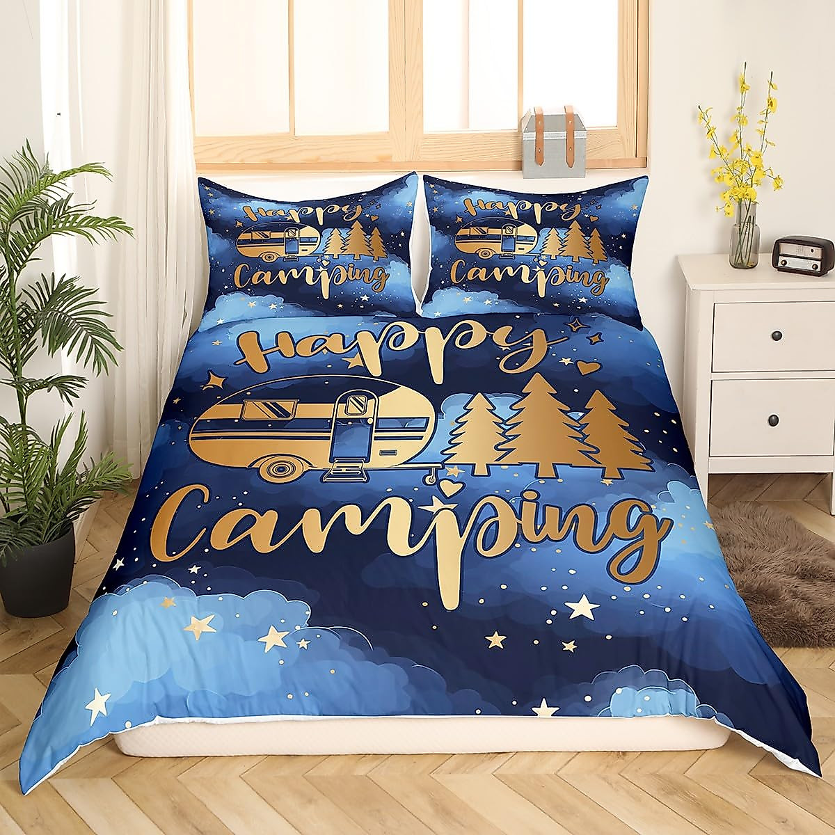 Castle Fairy Happy Camping Queen Size Duvet Cover for Teens Youth,Starry Galaxy Dreaming Comforter Cover with 2 Pillow Shams,Gold RV Trailer Painting Bedding Set Ultra Soft Microfiber Breathable