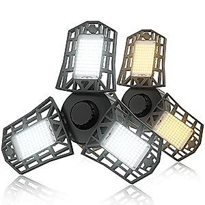 2-Pack 3CCT LED Garage Light with 3 Deformable Panels, 60W 6000LM with E26/27 Medium Base, 3000K/4000K/6000K Selectable Triple LED Garage Lighting, Screw in LED Tri Light for Attic, Basement(Black)