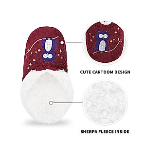 DICUIRD Womens Cozy&Warm Soft Sole Slipper Socks with Grippers-Fuzzy Fleece Lined House Slippers with Non-skid Bottoms (Wine Owl, 8-10)