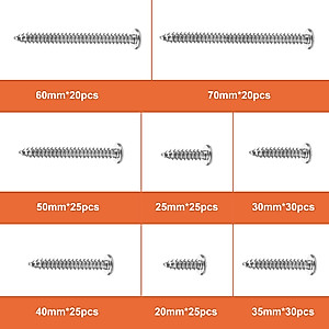 Self Tapping Screws, Preciva 304 Stainless Steel 200 PCS, 8 Sizes Round Head Phillips Drive Self Drilling Screw Assortment Kit for Metal Wood Furniture Electronic Products