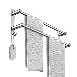 BIGLUFU Stretchable 17-31 Inches Double Bath Towel Bar Bathroom Towel Rack Hooks Kitchen Hand Towel Holder Dish Cloths Hanger SUS304 Stainless Steel Wall Mounted No Drill Space Saving 2-Bar Silver