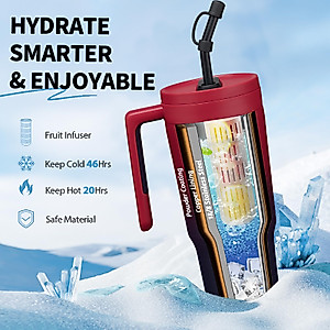 40 oz Tumbler with Handle and Straw - Fruit Infuser Water Bottle Keep Cold-46H, Leakproof Insulated Tumbler with Lid, Straw Cover, Silicone Plugs, Metal Coffee Mug Water Bottle Flask for Work Travel