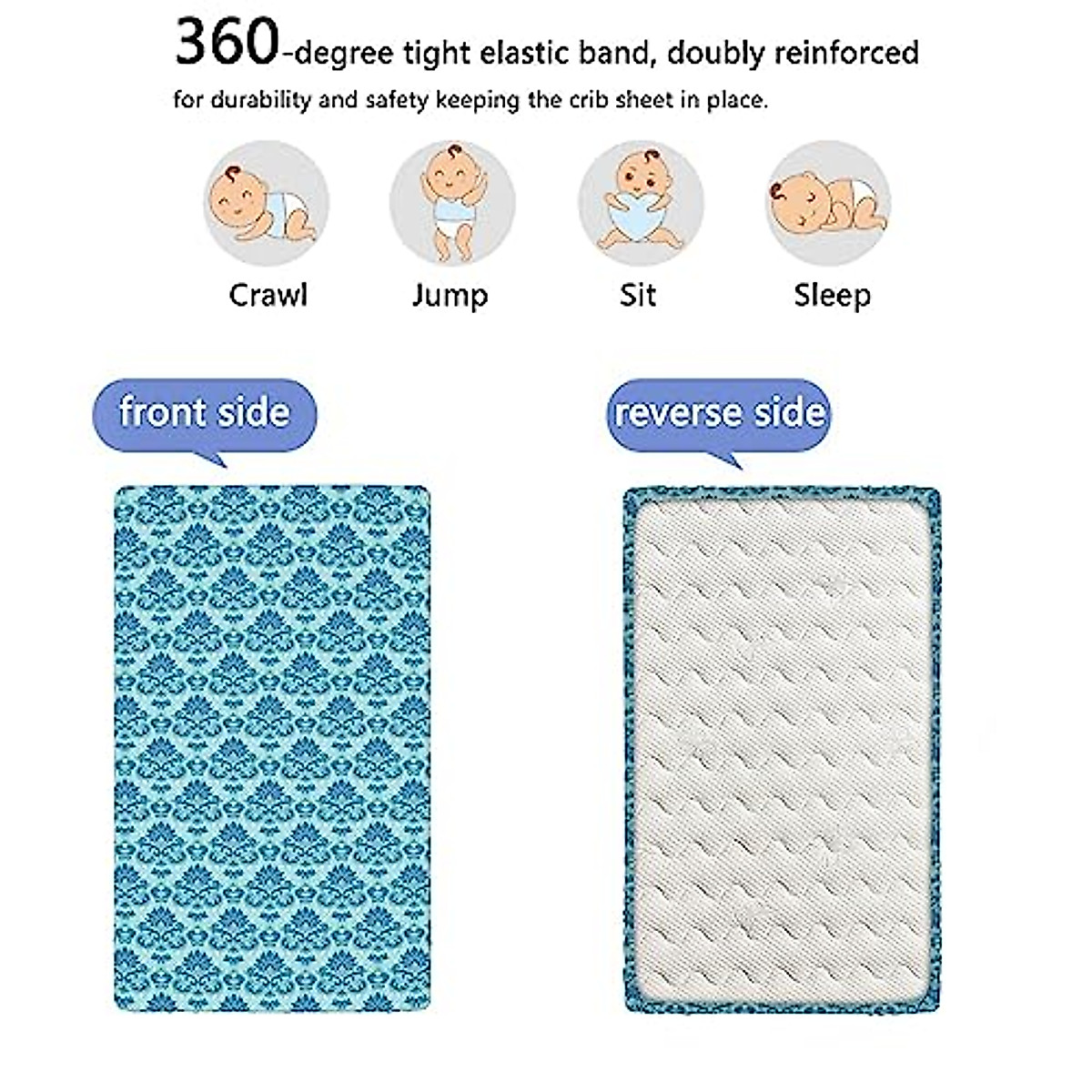 Damask Themed Fitted Crib Sheet,Standard Crib Mattress Fitted Sheet Soft Toddler Mattress Sheet Fitted - Baby Crib Sheets for Girl or Boy,28“ x52“,Seafoam Blue