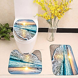 NMPPTM 4 Pcs Shower Curtain Set Beautiful Sunrise Over Sea Beach Sunny Sunset Marine Natural with Non-Slip Rugs Toilet Lid Cover and Bath Mat Bathroom Decor Set