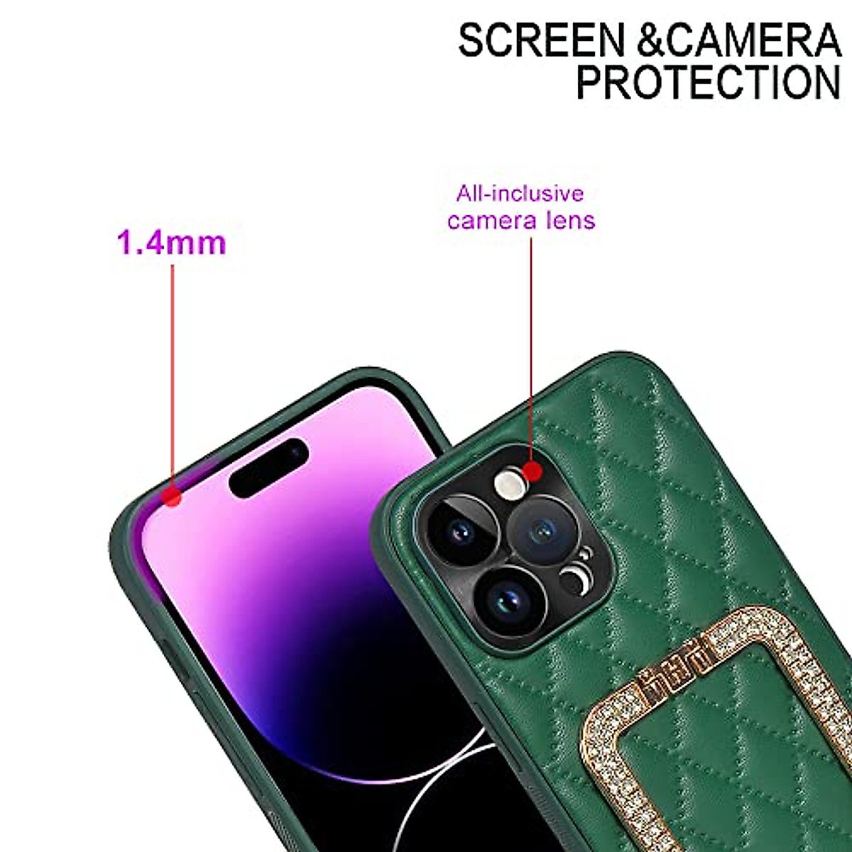 HALATUA Luxury iPhone 13 Pro Max Case with Glitter Diamond Stand, Soft Quilted Leather Design for Women & Girls 6.7" (White)