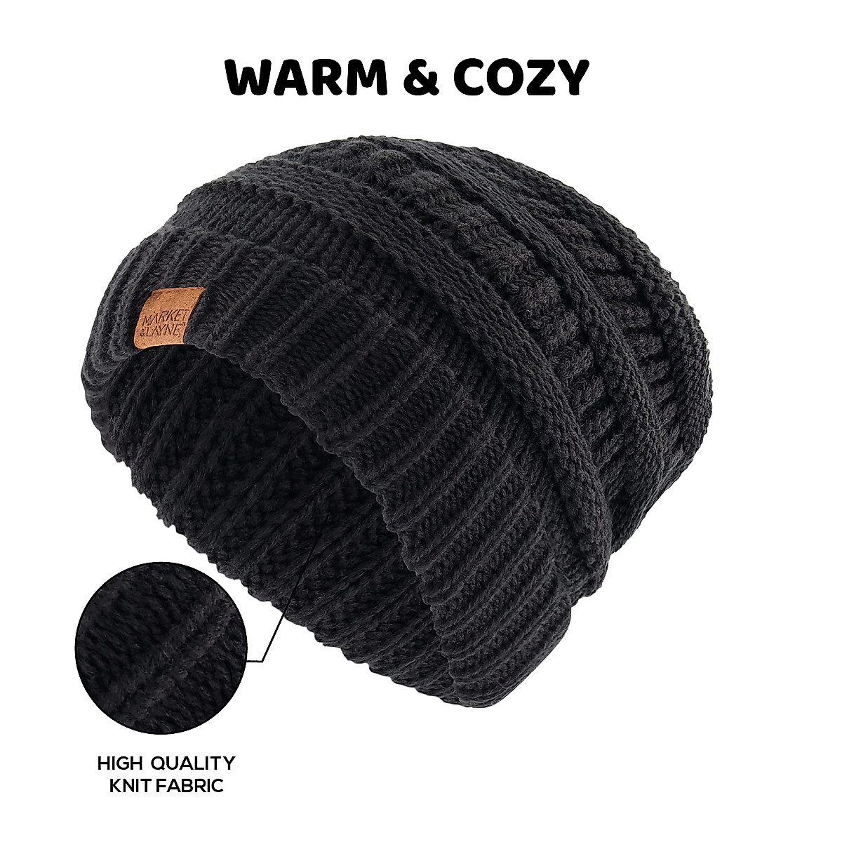 Market & Layne Beanie for Women - Warm Winter Beanies Women Thick Chunky Knit Black Beanie Hats for Women Winter Hats for Women (Black)