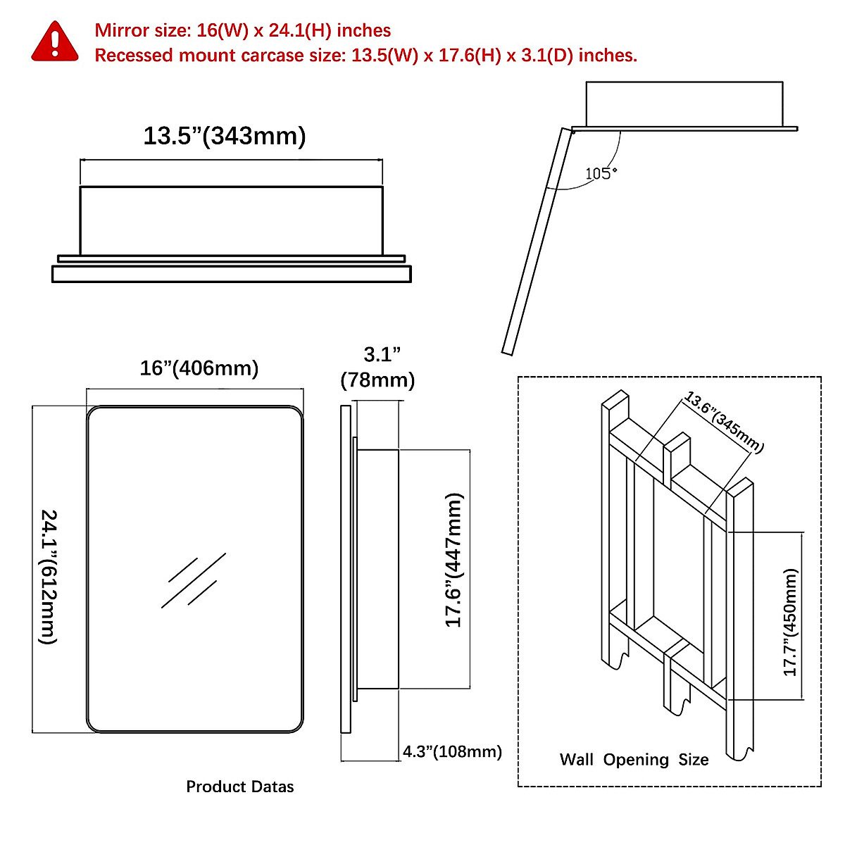 Fundin Plastic Medicine Cabinet, Beveled Edge Mirror Door with Round Corner Metal Frame, Recessed and Surface Mount, Golden,16 x 24 inch Mirror Size
