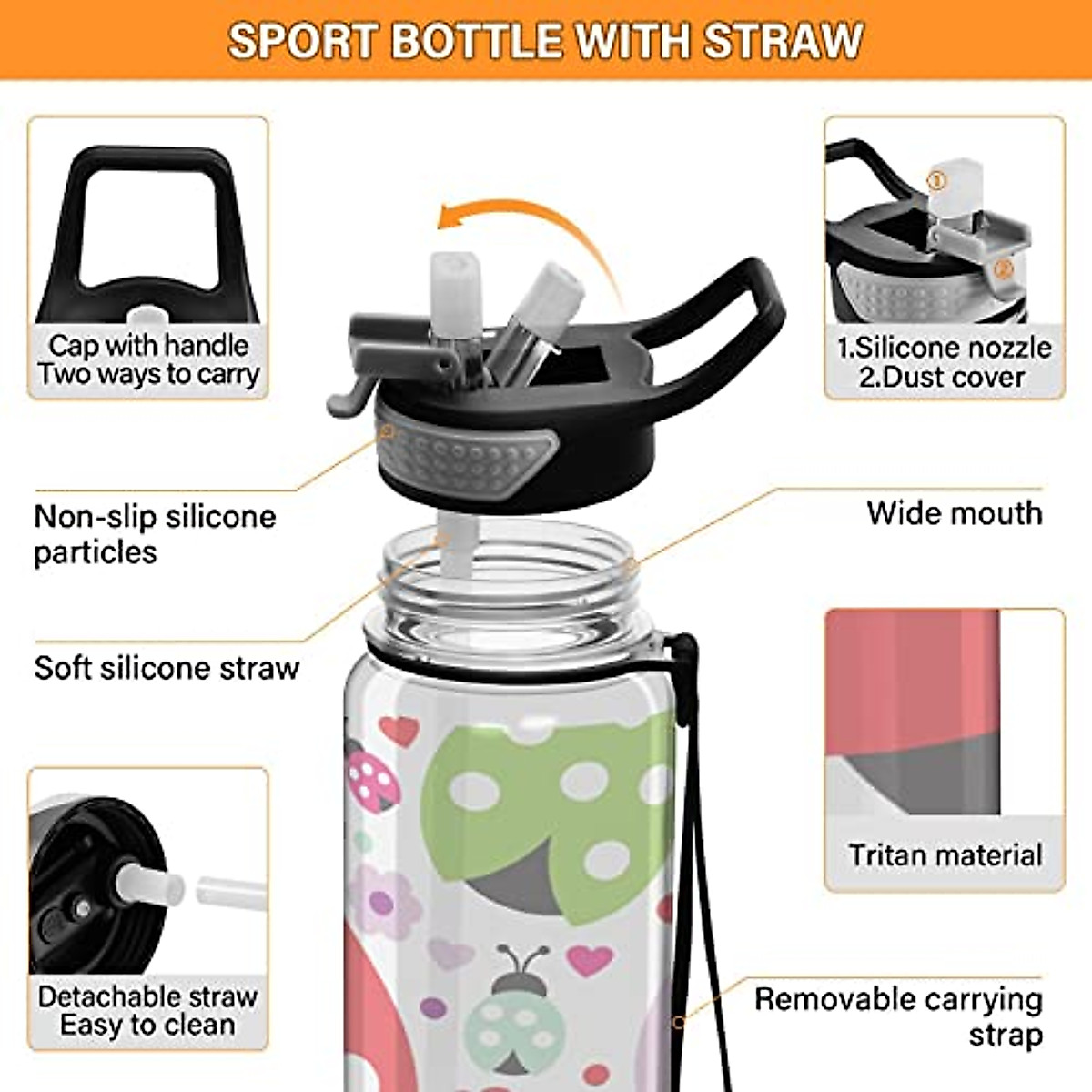 xigua Ladybug Water Bottle with Straw Lid,32 oz Leakproof Sport Water Bottle with Wide Handle for Gym,Cycling,School,Travel