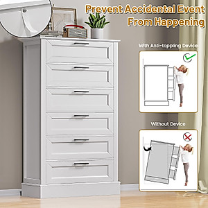 White 6 Drawer Dresser, 55 Inch Tall White Dresser for Bedroom, Modern Farmhouse Style Chest of Drawers for Bedroom Living Room, Wood Rustic Tall Dresser, Organizer for Closet, Living Room, Hallway