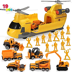 JOYIN Construction Transport Cargo Toy Airplane Car Play Set Including 1 Transport Helicopter with Real Lights, 6 Diecast Vehicles, 12 Action Figures, Birthday Gift for Boys and Girls (Yellow)