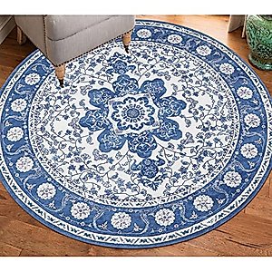 Ileading Round Rug 4ft Heidi Collection Round Area Rug, Washable Non-Shedding Round Fluffy Rug for Dining Room Entryway Foyer Living Room Bedroom Sofa (Blue)
