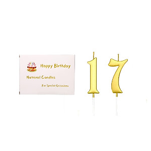 Bailym Gold 17th Birthday Candles, Number 17 Cake Topper for Birthday Decorations