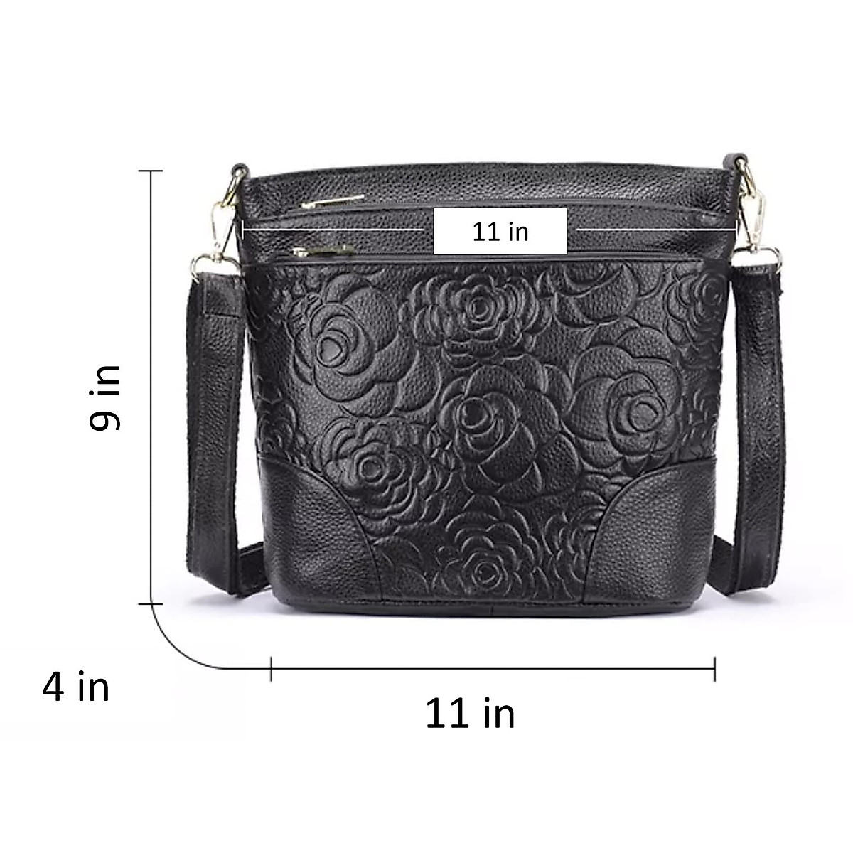 Aslana Floral-Embossed Genuine Leather Shoulder Crossbody Bag Handbag for Women (Floral-Embossed Black)