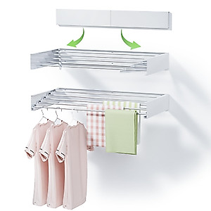 QIICMER Drying Rack Clothing，Wall Mounted Drying Rack，Collapsible Drying Racks for Laundry，Retractable Clothes Drying Rack， Laundry Space Saver Wall Mounted Rack，60 lb Capacity(White 31.5")
