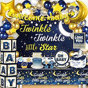 202pcs Twinkle Twinkle Little Star Baby Shower Decorations, Twinkle Twinkle Little Star Gender Reveal Decorations, Navy Blue White Gold Moon and Stars Baby Shower Decorations for Baby Gender Reveal