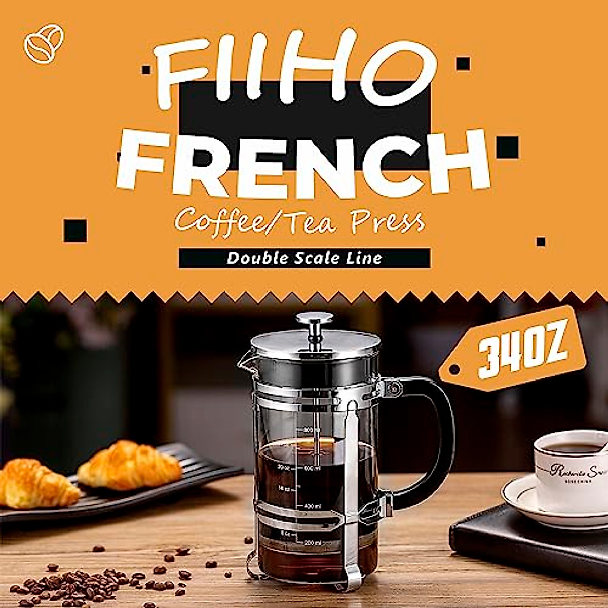 French Press Coffee and Tea Maker（34oz）,304 Stainless Steel Coffee Press with 4 Filters Screen-100% No Residue -German Heat-Resistant Borosilicate Glass- BPA FREE -Dishwasherable，Copper