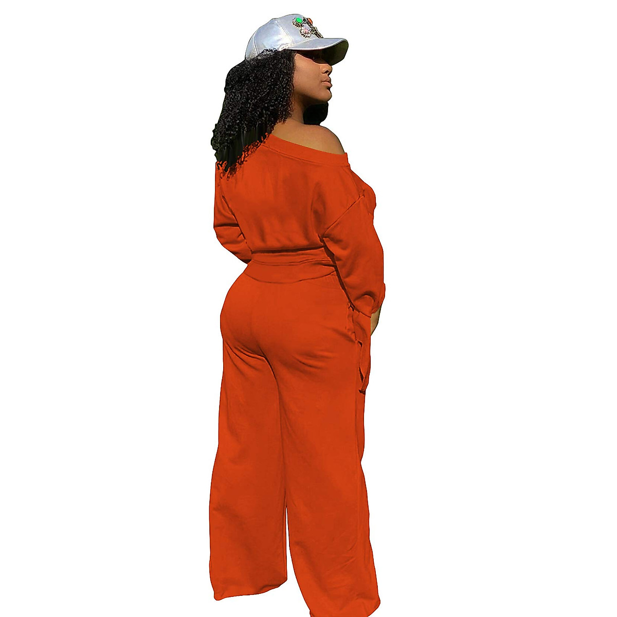 TOPSRANI Women's 2 Piece Outfits Casual Solid Sweatsuits Baggy Long Sleeve Loose Matching Wide Leg Tracksuit Pants Sets Orange L