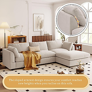 Tmsan 113" Large Sectional Sofa Cloud Couch for Living Room, Modern L Shaped Couch Set with Reversible Chaise, 4 Seater Polyester Fabric Sofa with Convertible Ottoman & 2 Pillows for Apartment Office