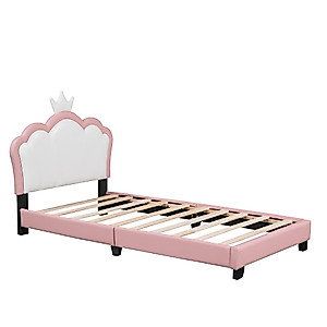 Merax Kids Twin Upholstered Day Bed Frame for Boys Girls, Wood Platform Bed with Crown Headboard, No Box Spring Needed White/Pink
