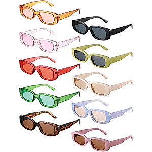 10 Pairs Small Rectangle Sunglasses Women Retro Square Glasses Vintage Wide Frame Eyewear for Women Girls (Bright Color)