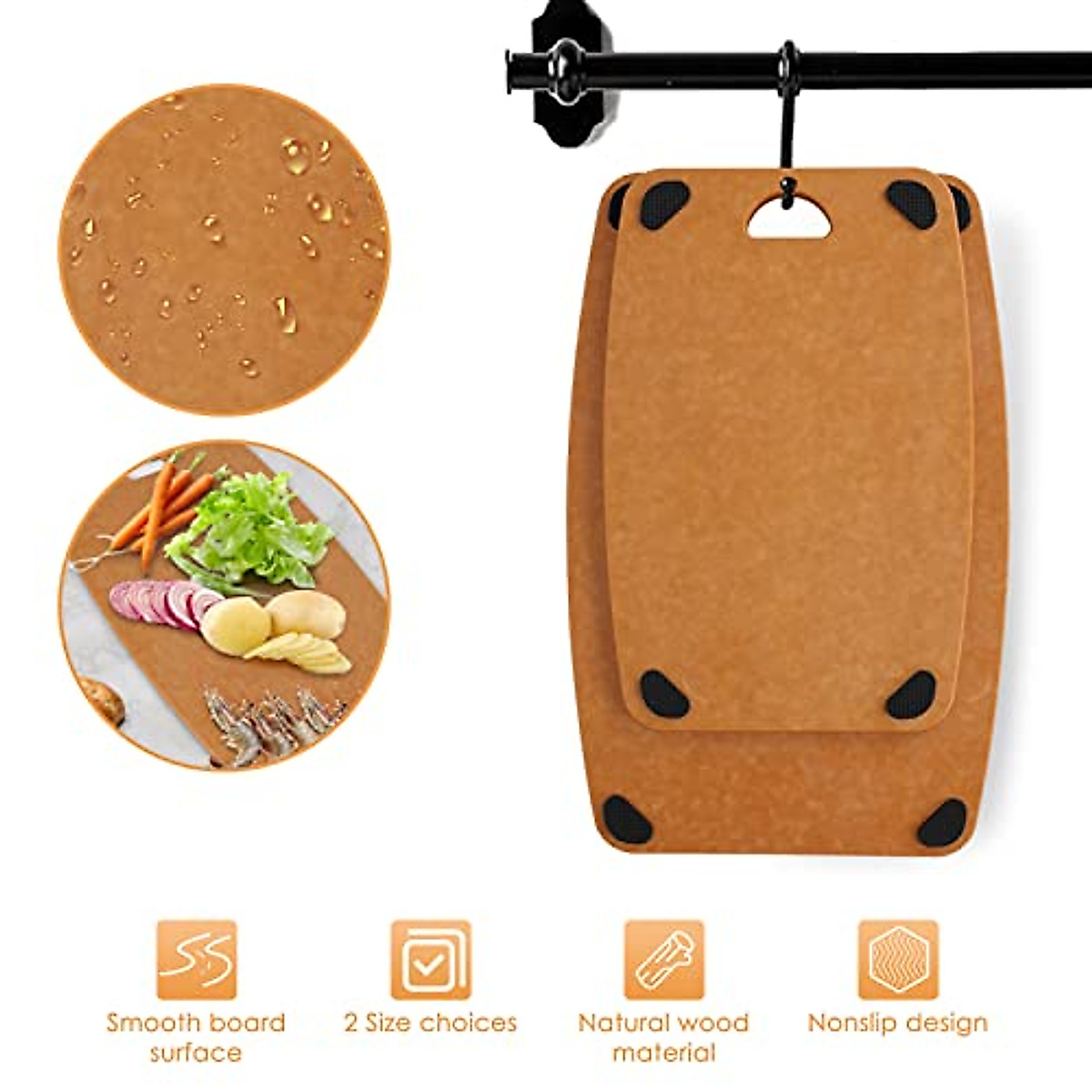 Cutting Boards for Kitchen Set of 3, Wood Cutting Boards with Holder, Non Slip Chopping Boards - Medium & Large Bamboo Cutting Boards, Kitchen Chopping Board for Meat Cheese board