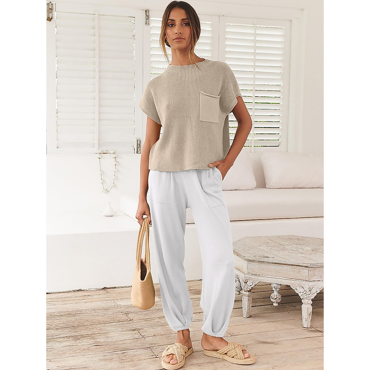 ANRABESS Women's Two Piece Outfits Knit Sweater Vest Crop Top Pants Lounge Matching Tracksuit Sweatsuit Travel Clothes Sets Khaki White Small