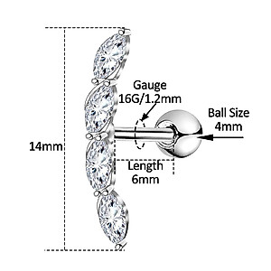 Melighting Helix Earrings 16G Curved Marquise Cartilage Earrings Clear CZ Surgical Steel 316L Tragus Piercing Jewelry Earring Stud Body Piercing Jewelry for Women
