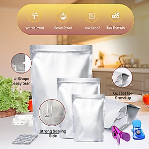 Mylar Bags for Food Storage,120 Pcs in 4 Sizes With 400cc Oxygen Absorbers, 9.5Mil Holographic Large Vacuum Resealable Zip Lock, Smell Proof Comes with Sealing & Food Clips, Labels & Pencil, Silver