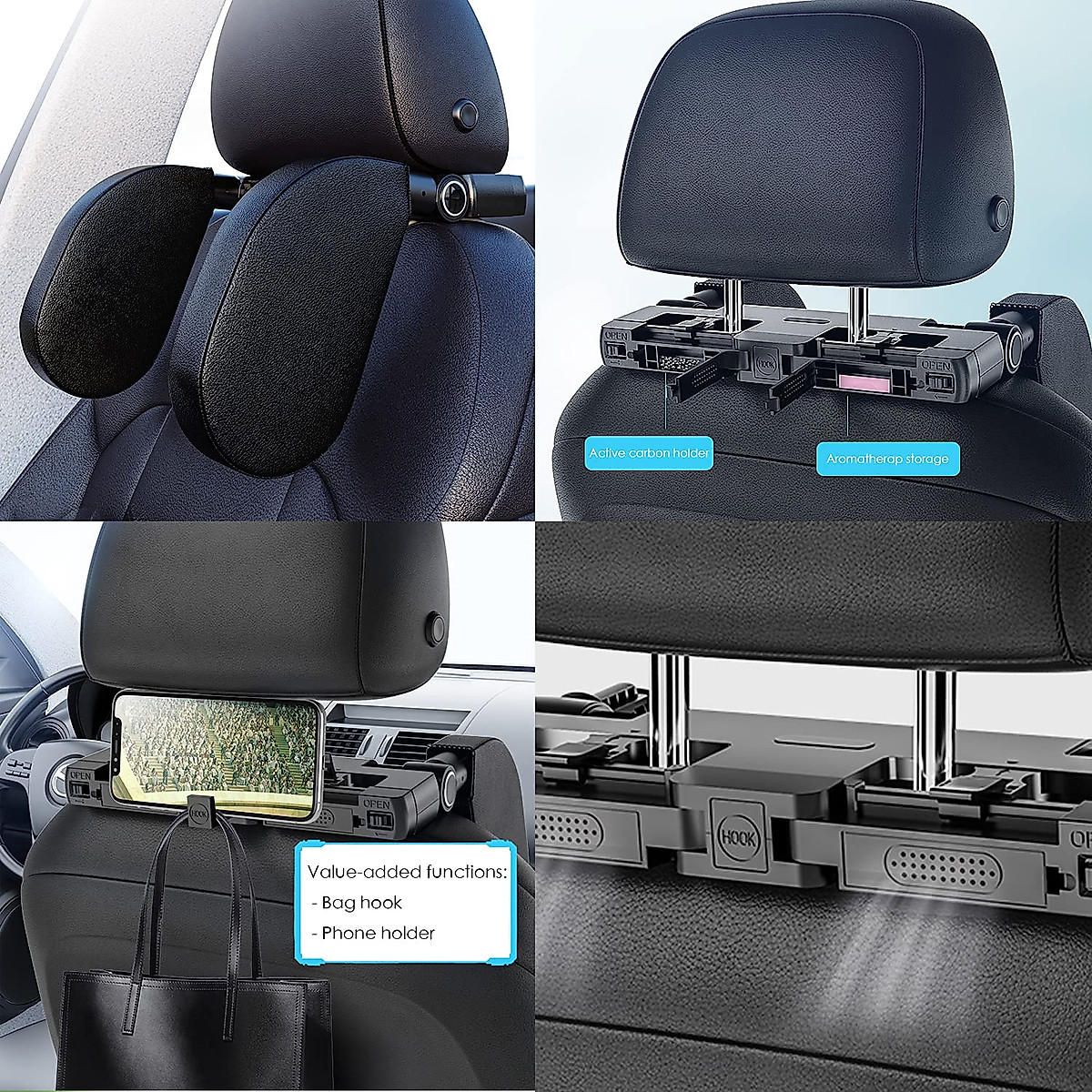 JOYBOOM Car headrest Pillow 2021 New Version,Upgraded with Hook,Road pal Detachable for Child in Long Trip,Head Neck Support Adjustable,Memory Foam U Shape Sleep Travel Protection, Leather Black