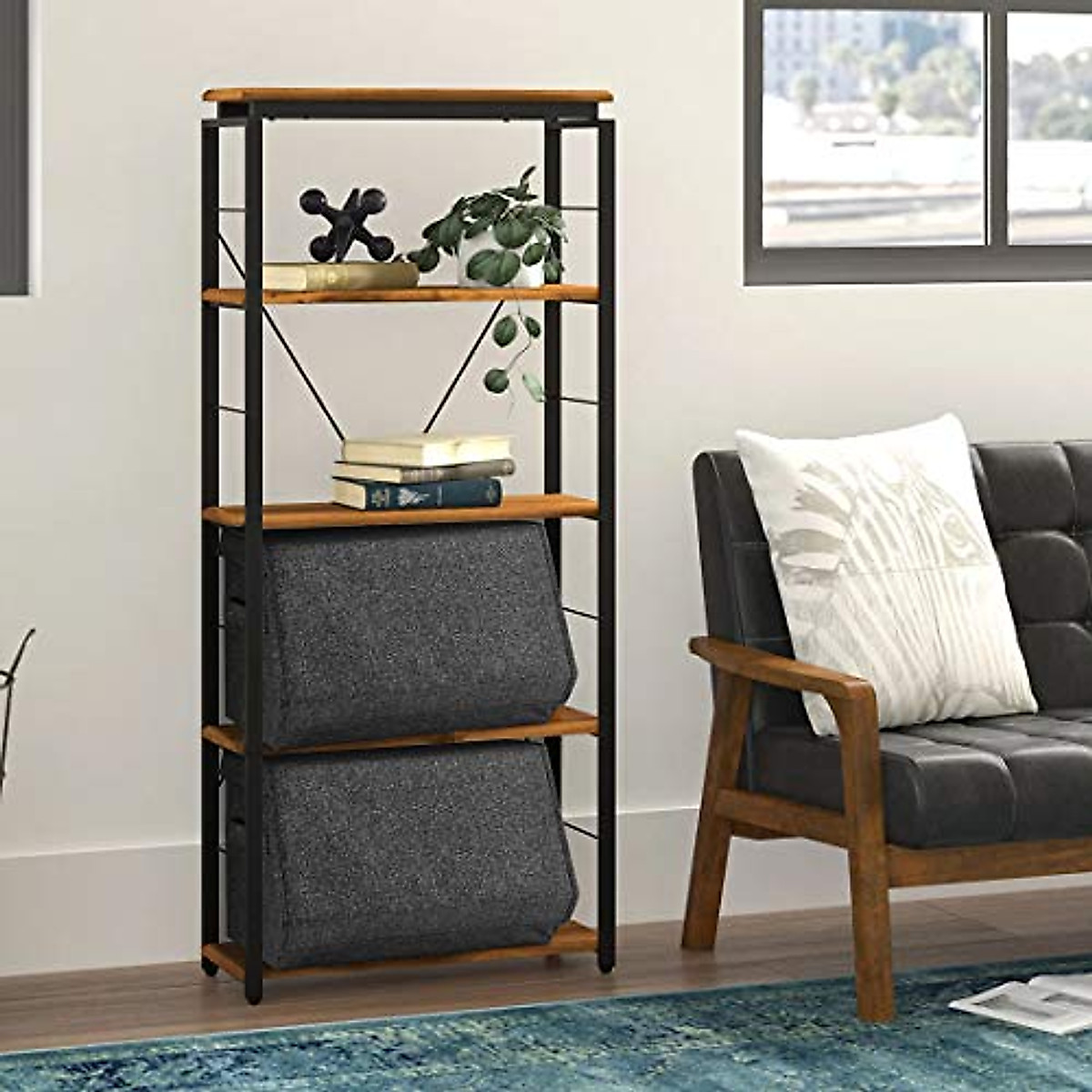 i BKGOO Set of 2 Stackable storage bins,Linen Fabric Foldable Storage Organizer Cubes Box whits Lids and Own-Handle Storage Organizer Bins for Home Office Nursery Dark gray 15x10.5 x10inch