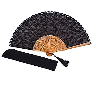 Womens Multi Color Handmade Cotton Lace Folding Hand Fan (Black-A) (6-pac)