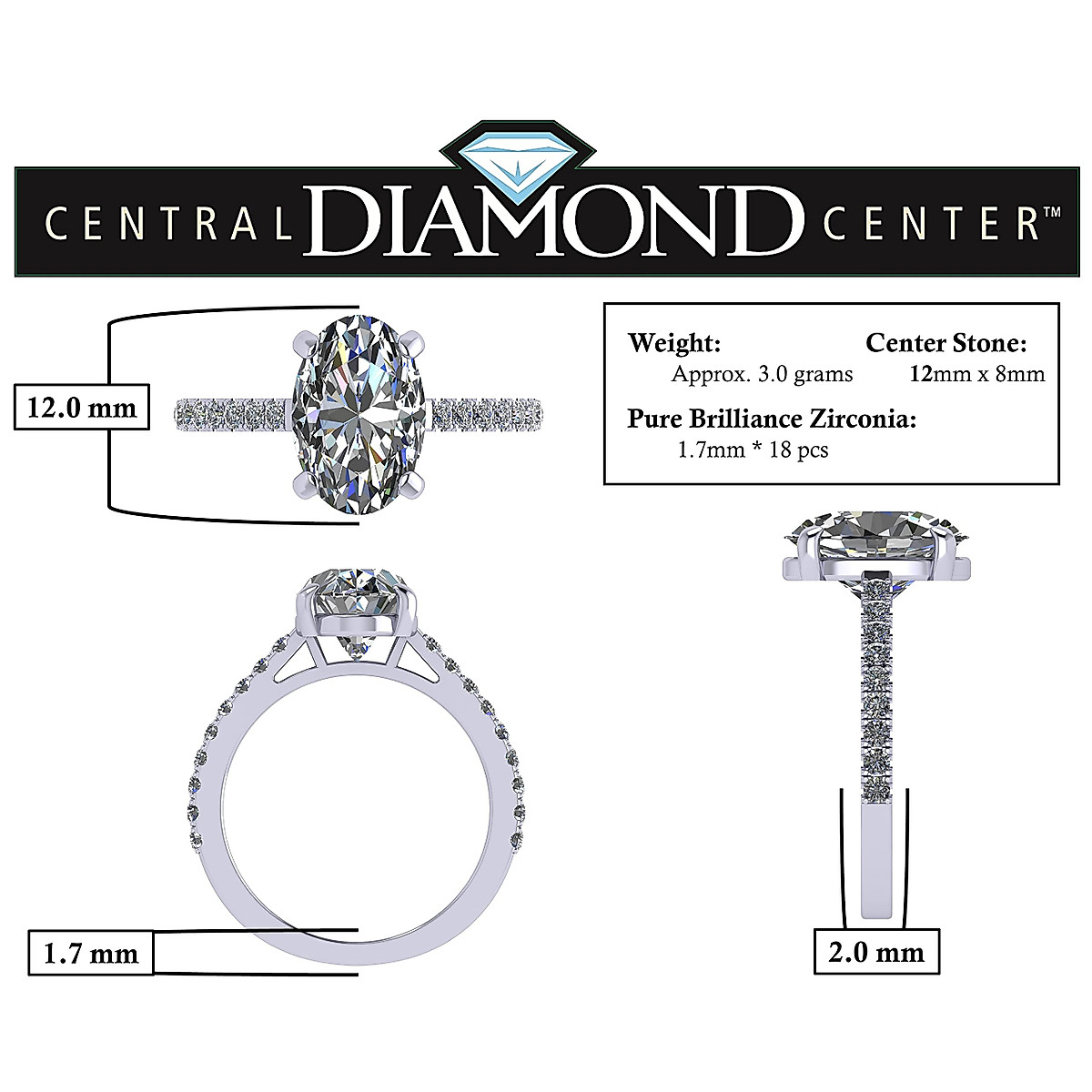 Central Diamond Center VOUS Oval Cut Solitaire Engagement Wedding Ring, Sterling Silver w/Pure Brilliance Zirconia - Size 6.5