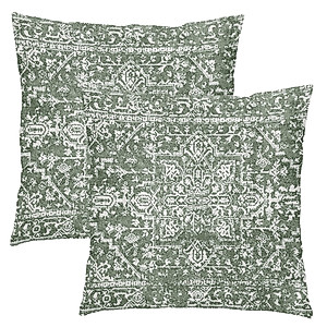 Kawani Sage Green Boho Throw Pillow Covers 18x18 Inch Bohemian Carpet Ethnic Pillow Cases Vintage Geographic Persian Rug Farmhouse Throw Pillows Set of 2 Home Decor for Room Porch Patio Couch Outdoor