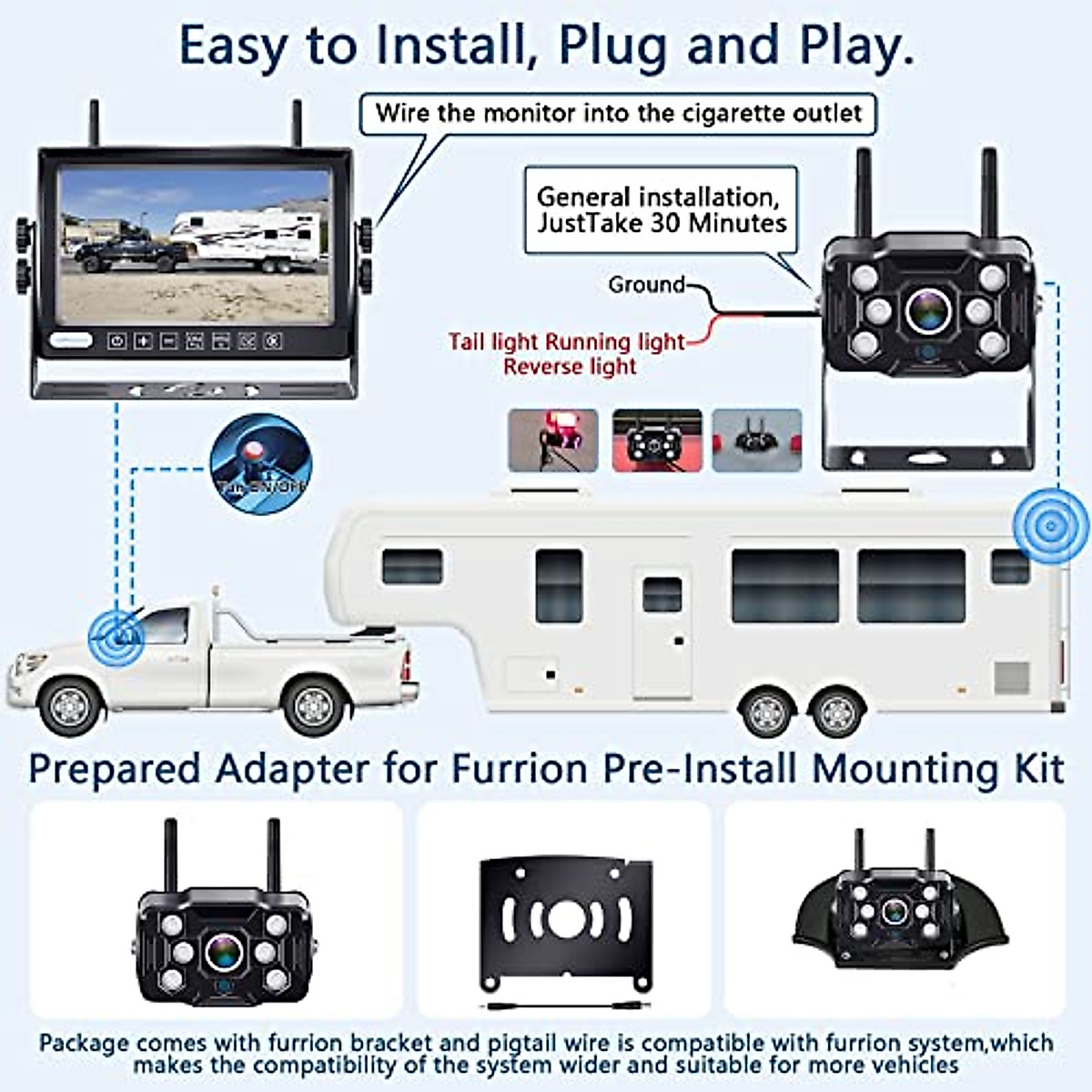 LeeKooLuu RV Backup Camera Wireless HD 1080P 7 Inch Recorder DVR Monitor Touch Key Screen Four Channel Adapter for Furrion Pre-Wired RV Rear View System Waterproof Night Vision 2022 Latest Version LK5